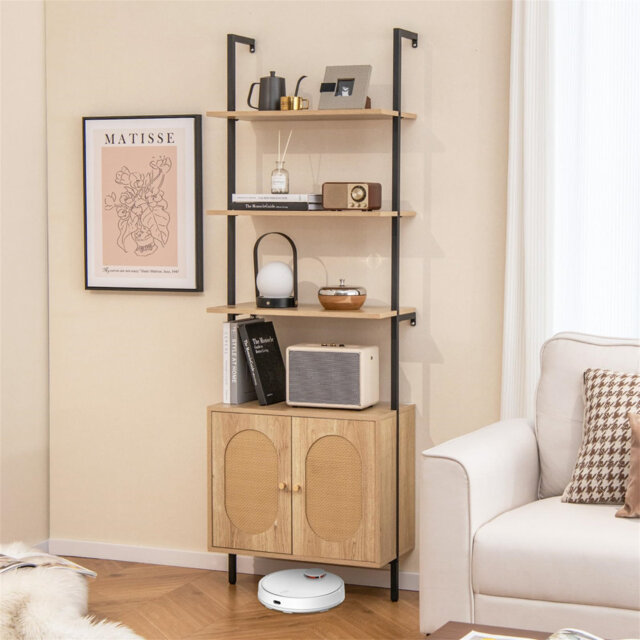 Ladder Bookcase With Cabinets, 180 Cm Wall Mounted Bookcase With Rattan ...