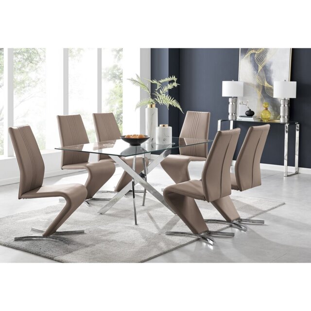 Lenworth Chrome and Glass Rectangular Dining Table Set with 6 Modern ...