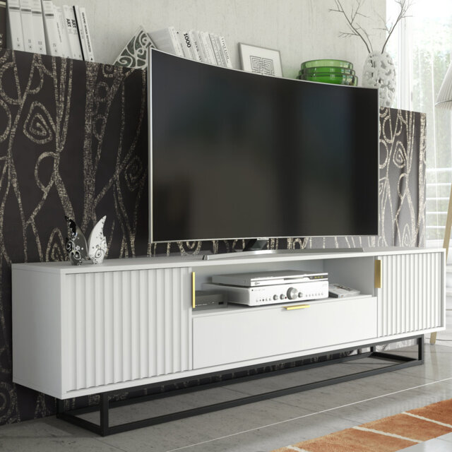 200cm Loft Retro Tv Unit - White Vintage Cabinet With Milled Fronts ...