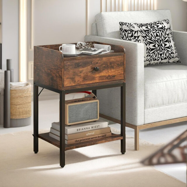 Alecsa 2 Tier Rustic Industrial Side with Storage Drawers and Shelf ...