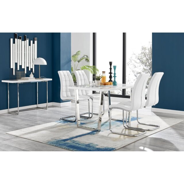 Kylooe Modern Marble And Silver Dining Table Set With 4 Modern Leather ...