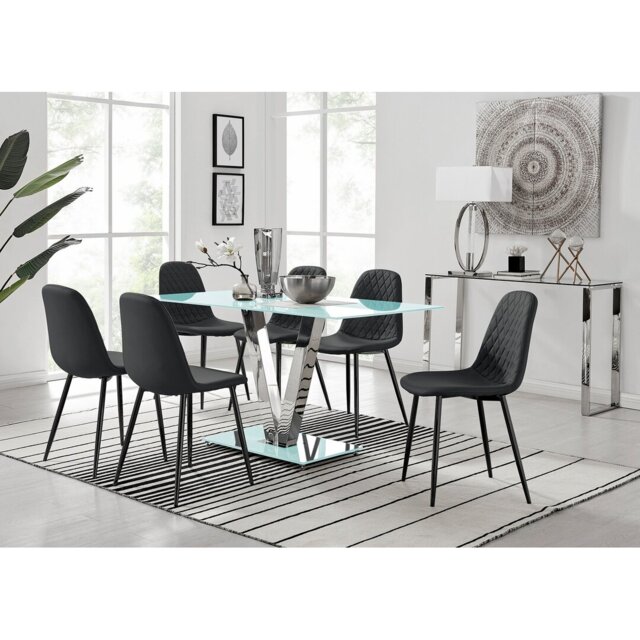 Ransart Modern Luxury Glass & Metal Dining Table Set With 6 Luxury Faux ...
