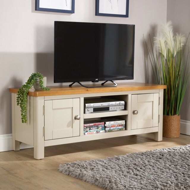 Armour Fully Assembled Solid Wood with Oak Veneer 2 Door Grey TV Unit ...