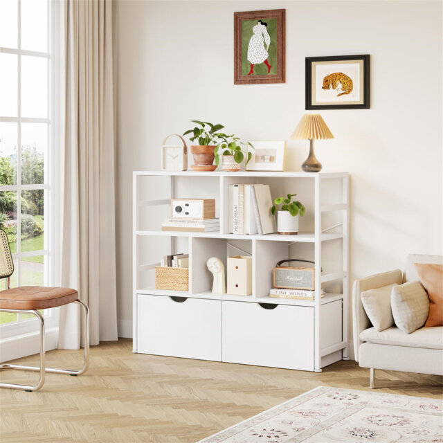 4 Tier Bookcase With 2 Movable Drawers,Wooden Floor Standing Book Shelf ...