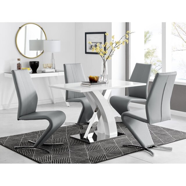 Marietta Chrome Metal and White High Gloss Dining Table Set - 4 Luxury Modern Dining Chairs by ...