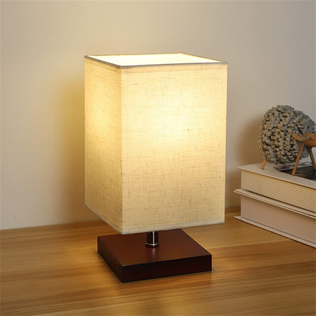 Bedroom Table Lamp Bedside LED Lights Square Desk Lamp Beige Fittings With Fabric Shades And ...