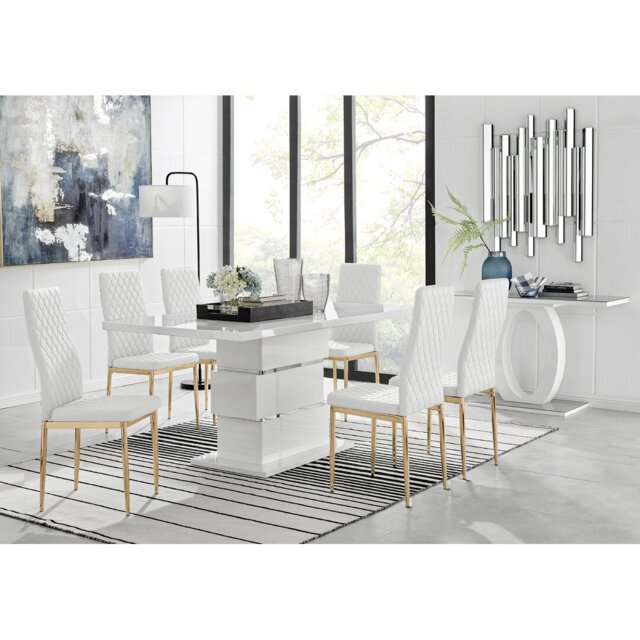 Corova Modern High Gloss Chrome Dining Table Set with 6 Quilted Faux ...