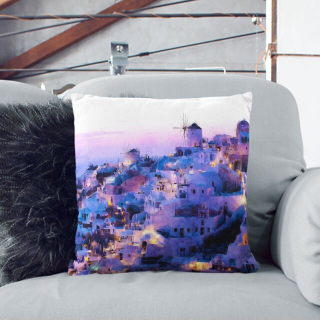 The Oia Santorini Skyline in Greece Painting Cushion with Filling by ...