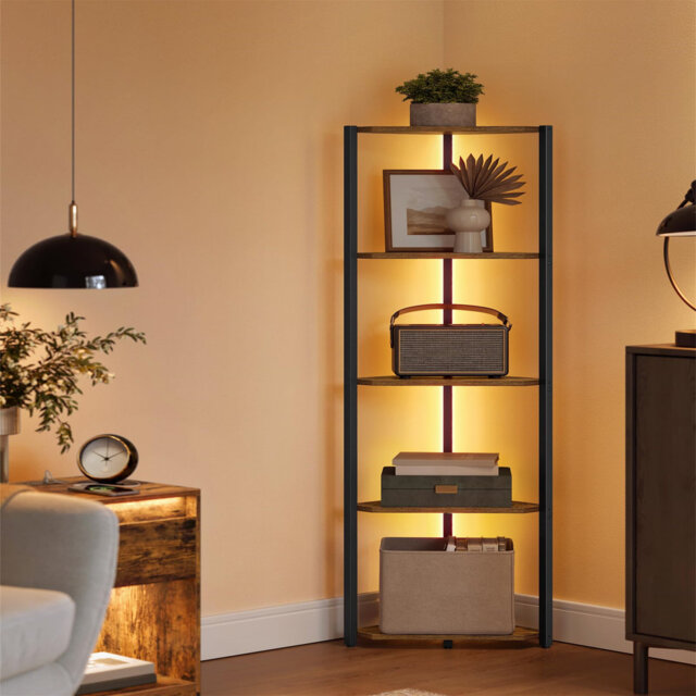 5-Tier Corner Shelf, Bookcase With Adjustable LED Light, Storage Rack ...