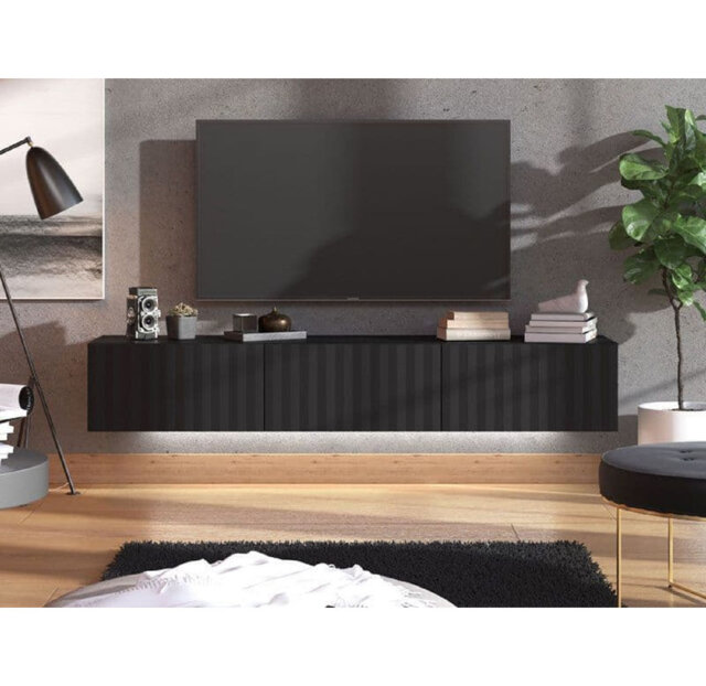 Como Black Slat Effect Wall Mounted Floating Small Tv Entertainment ...