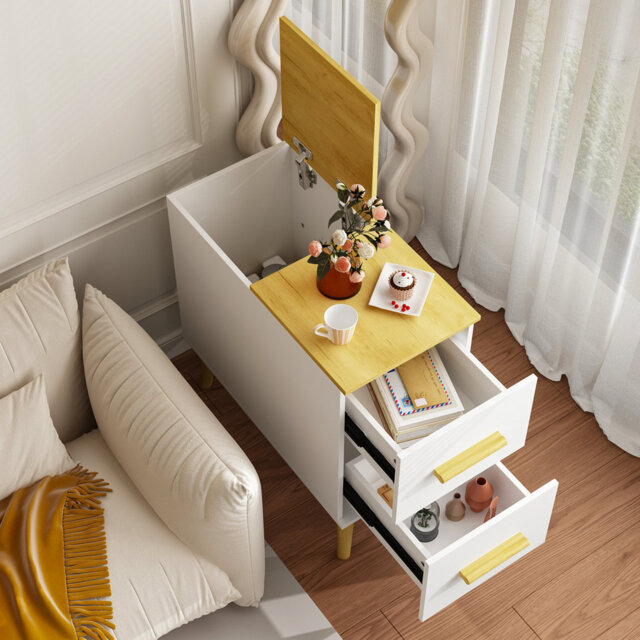 60cm Wide Modern White & Natural Wood with 2 Drawers and Hidden Cabinet ...