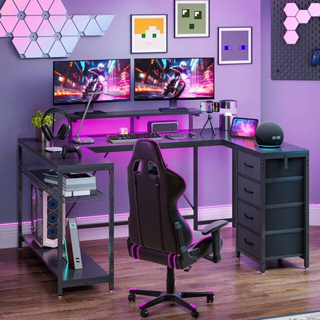158×100 Cm Corner Desk With Drawers, L Shaped Computer Desk With LED ...