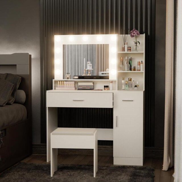Dressing Table With LED Mirror & Storage Stool, White Vanity Desk With ...