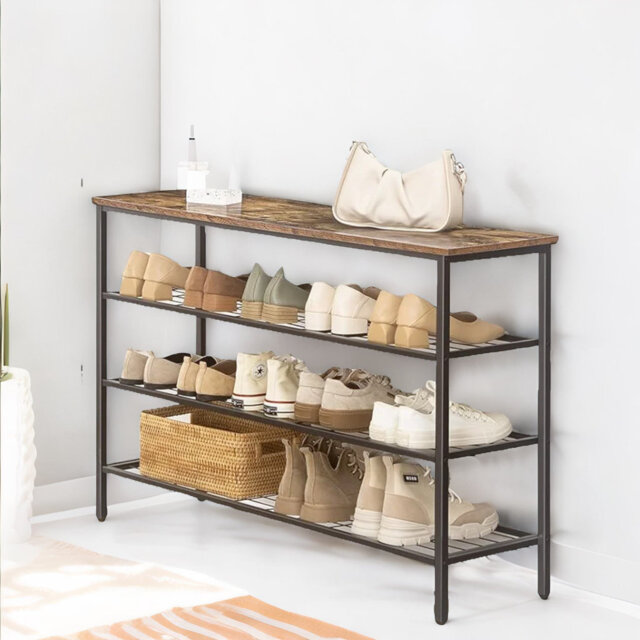 15 Pair Shoe Rack 4 Tier Industrial Rustic Brown Home Entryway Hallway ...
