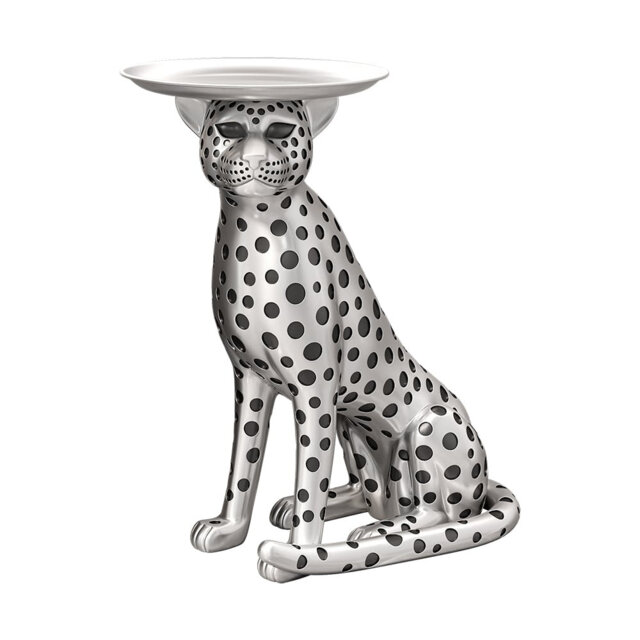 Silver Leopard Accent Side Table With Tray Top Resin Panther End Table ...