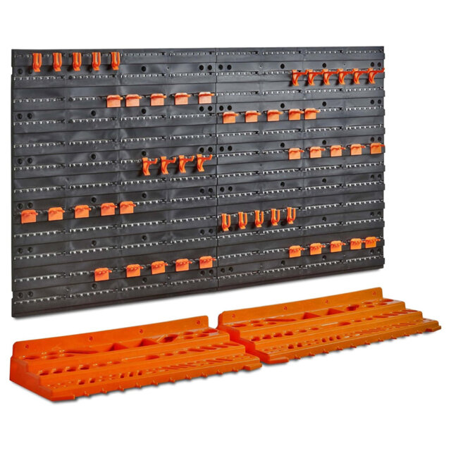 Garage tool storage rack with shelves and pegboard to store a variety ...