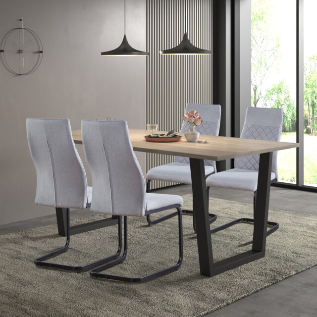 Dudley 180Cm Dining Table Set With 4 Grey Fabric High Back Chairs by ...