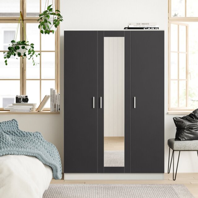 Eva High Gloss Mirrored 3 Door Wardrobe - H: 180cm x D: 47cm x W: 113cm ...