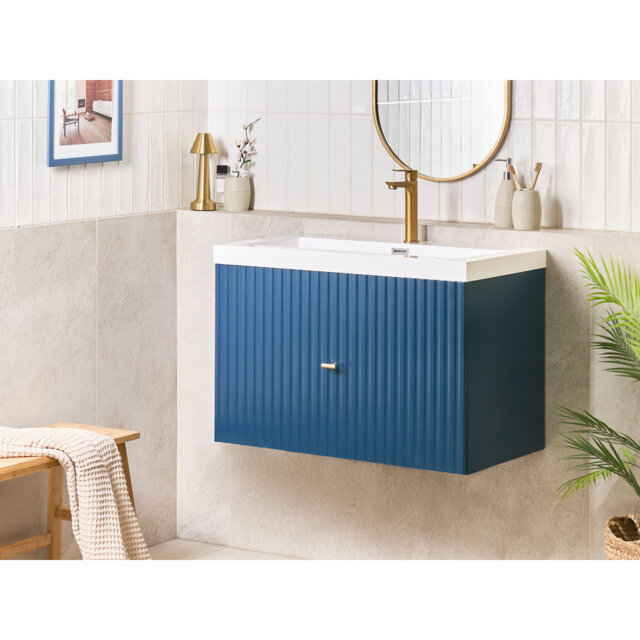 Wall Mounted Vanity Unit with Basin Roneshia with Gold Handle 80 cm ...