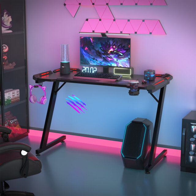 Black Gaming Desk LED Light Computer With Headphone Hook and Cup Holder ...