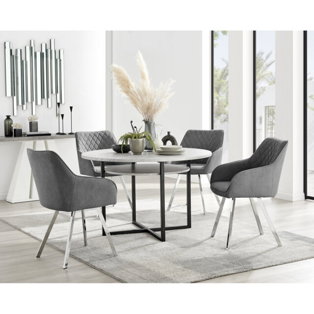 Adler Modern Concrete Effect Round Dining Table Set with Shelf & 4 ...