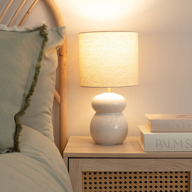 Kendal Natural Linen Drum Shade Glazed Ceramic Table Lamp with LED Bulb ...