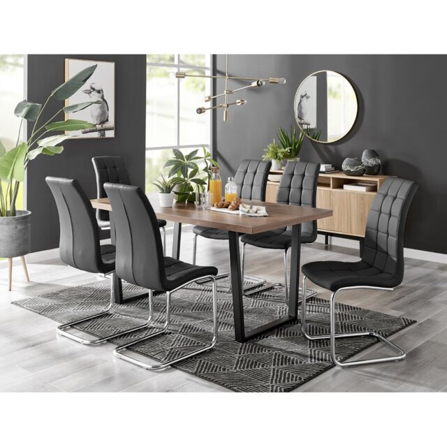 Kylooe Modern Brown Wood And Black Metal Dining Table Set With 6 Modern ...
