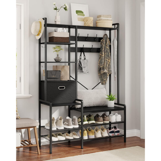 Coat rack with shoe bench, coat rack with hooks, LED lighting, coat ...