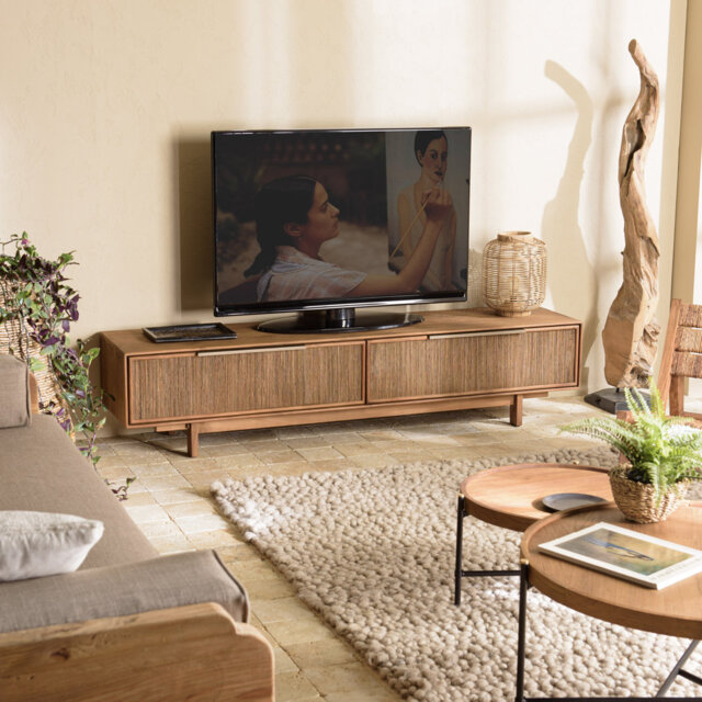 2 Drawer TV Stand In Reclaimed Teak Wood And Natural Weave by Wayfair ...