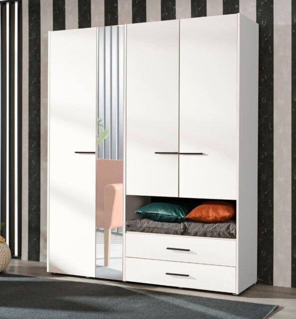 Rylora White 4-door Wardrobe With Shelving & Drawers Modern Wardrobe ...