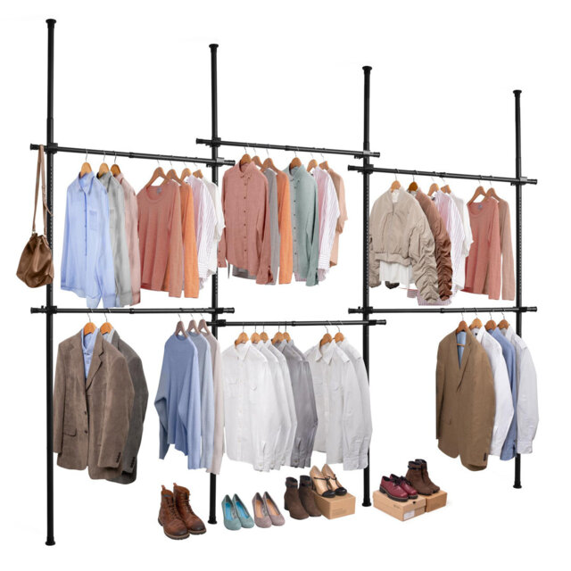 Triple Telescopic Black Wardrobe Organiser Hanging Rail Clothes Rack ...