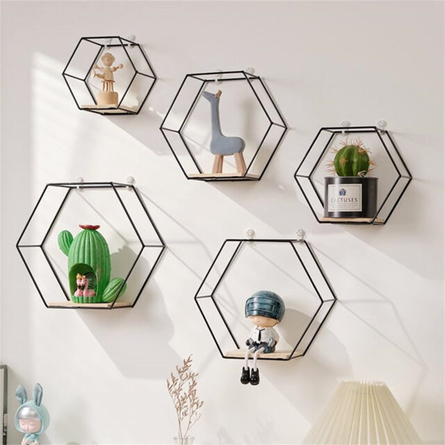 Set Of 3 Hexagonal Wall Shelves, Hanging Shelves, Metal And Wooden ...