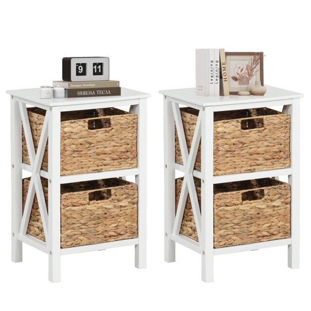 Bedside Table With 2 Seagrass Baskets, Solid Wood Narrow Bedside Table ...