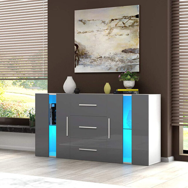 2 Doors 3 Drawers Sideboard Cupboard Unit Cabinet RGB LED Lighted ...