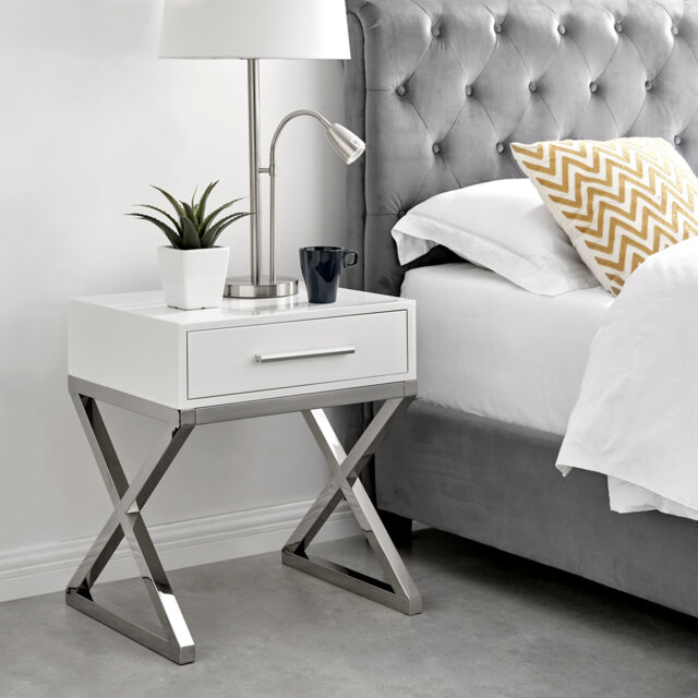 Romriell Gloss and Chrome Metal Bedside Table 1 Drawer Modern ...