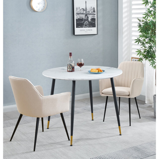 Finley Small Round Dining Table In Finish With 2 Fabric Armed Chairs by ...
