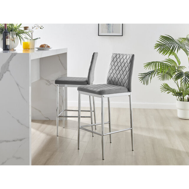 Milton Luxury Breakfast Bar Stool in Quilted Design Velvet Silver Leg ...