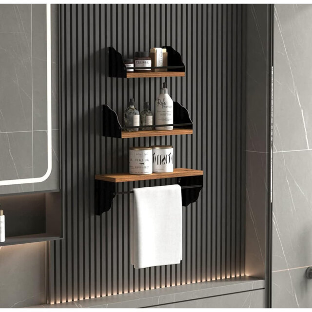 Set of 3 Wave Black Wall - Mounted Floating Shelves with Fence and Bar ...