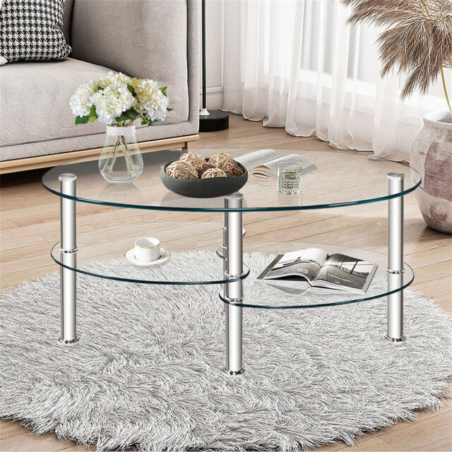 Coffee Table, Tempered Glass Oval Tea Table With 2 Shelves (Transparent ...
