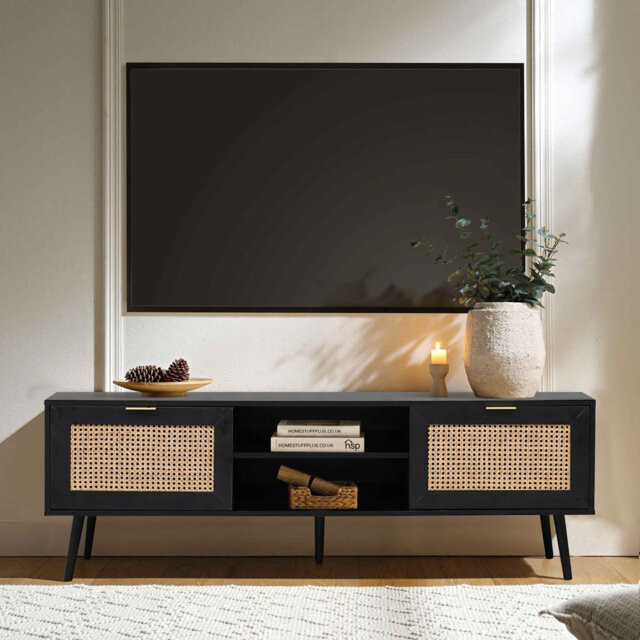 Aker Black Rattan TV Stand Cabinet with Two Cupboards and Shelves TV ...