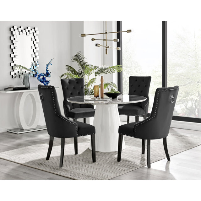 Edward Statement Pedestal Dining Table Set with 4 Luxury Velvet ...