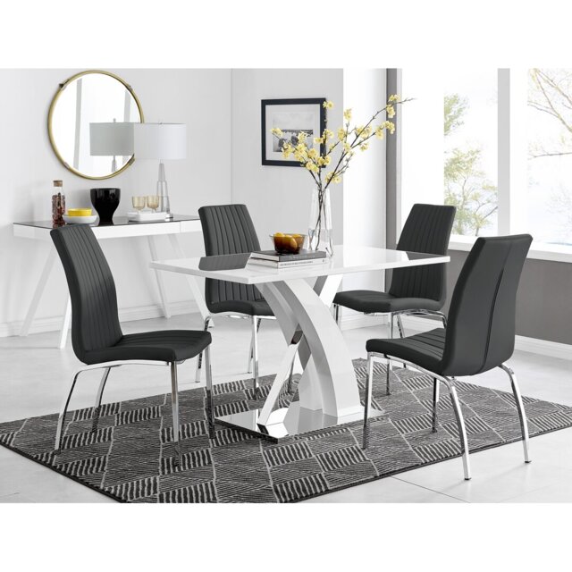 Marietta Chrome Metal and White High Gloss Dining Table Set - 4 Luxury ...
