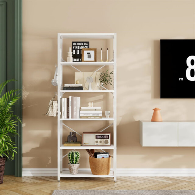 6 Tier Bookshelf, Standing Bookcase With 2 X-Shape Strips,Metal Mesh ...