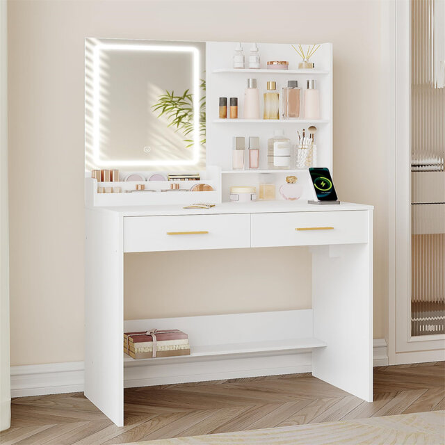Dressing Table With LED Light, 2 Sockets And 2 USB Ports Dressing Table ...