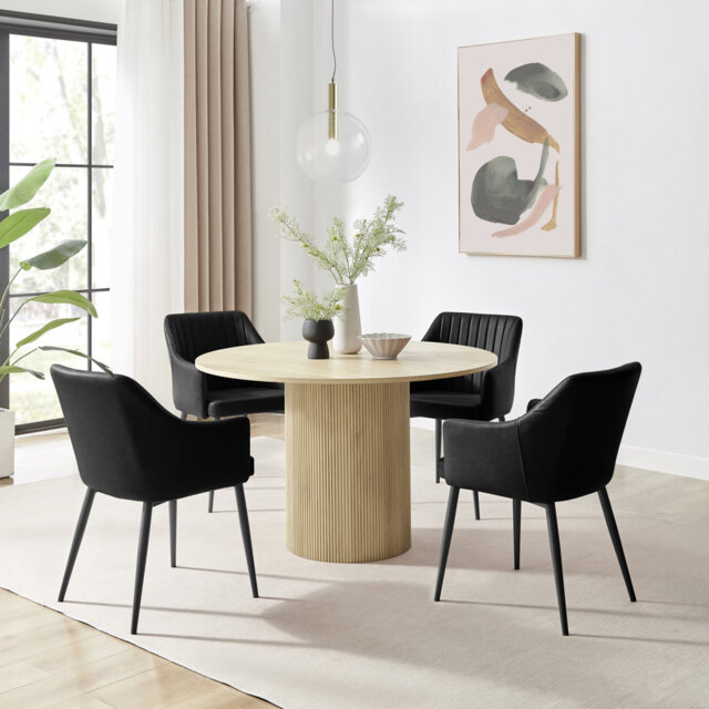 Penny Pillar Round Dining Table Set With 4 Luxury Faux Leather Dining ...