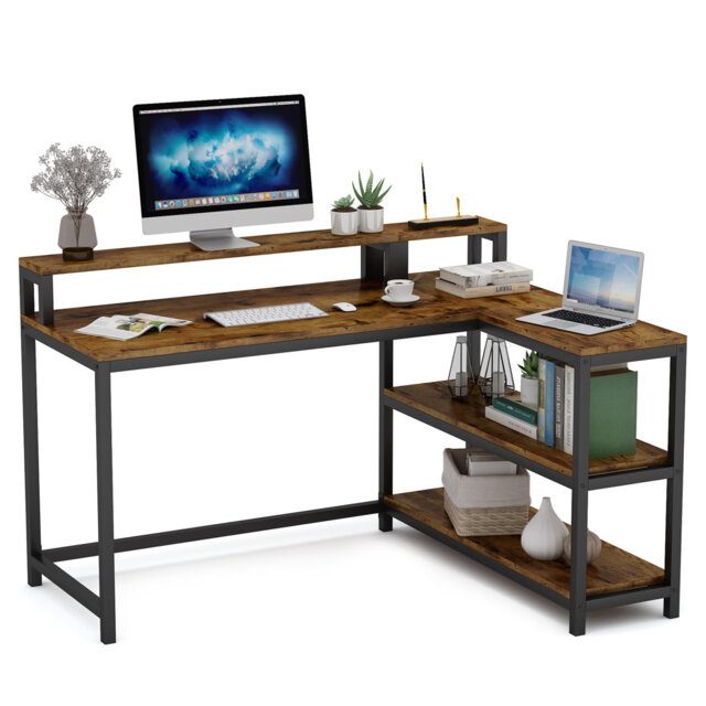 Honeyville 130Cm W L-Shape Computer Desk, Wood Top Metal Base Desk by ...