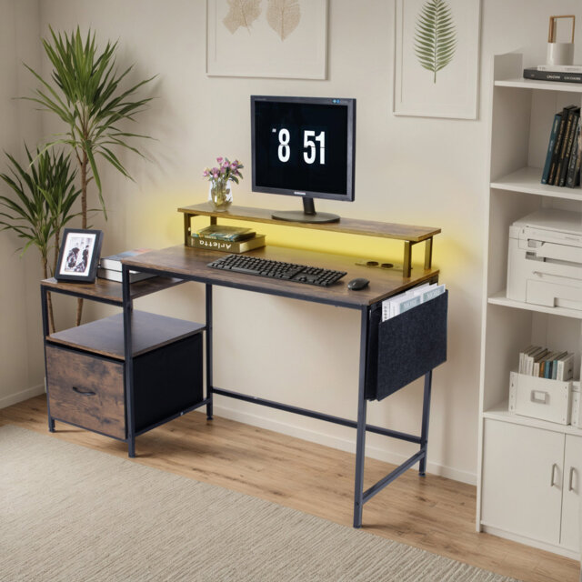 100cm W Computer Desk with Power Outlet,LED Gaming Desk with Drawer and ...