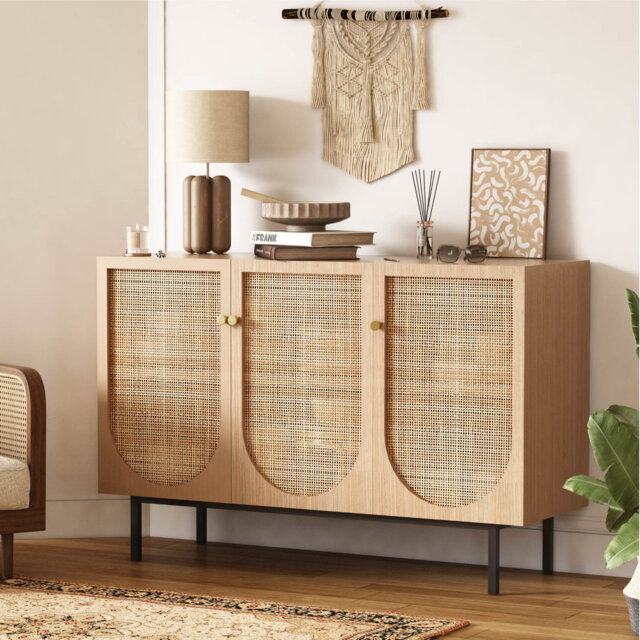 Natural Rattan Cupboard, Sideboard with 3-Wicker-Door, Adjustable ...