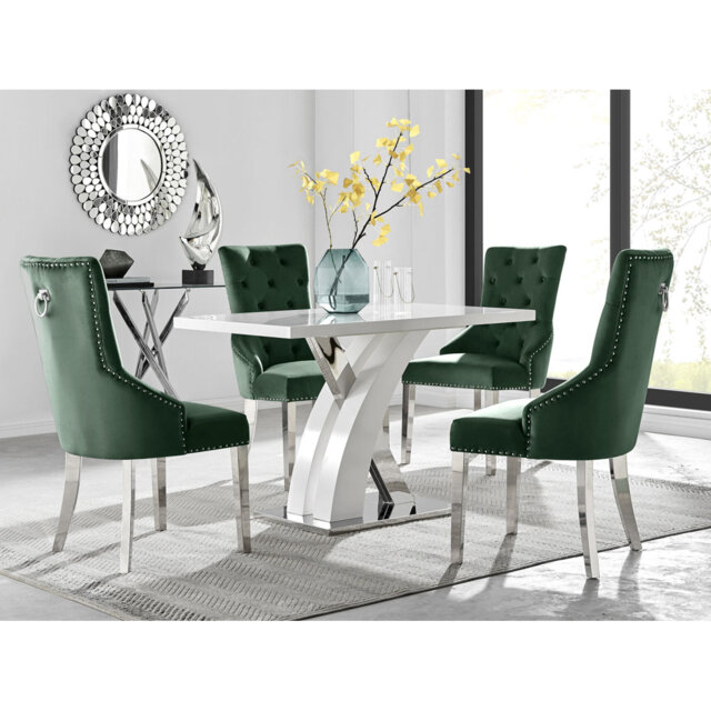 Marietta Chrome Metal & White High Gloss Dining Table Set - 4 Button ...