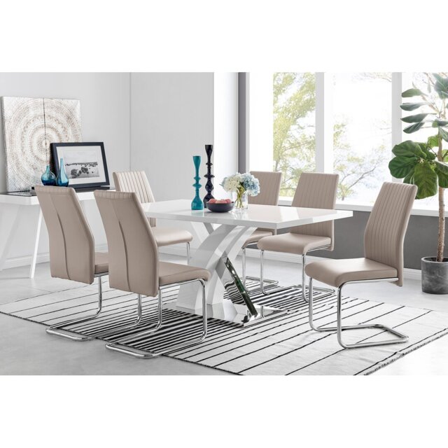 Marietta Chrome Metal and White High Gloss Dining Table Set - 6 Luxury ...